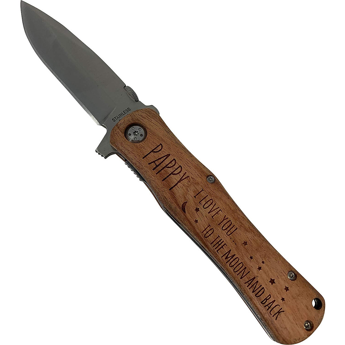 Pappy - I Love You to The Moon and Back Stainless Steel Folding Pocket Knife with Clip, Wood