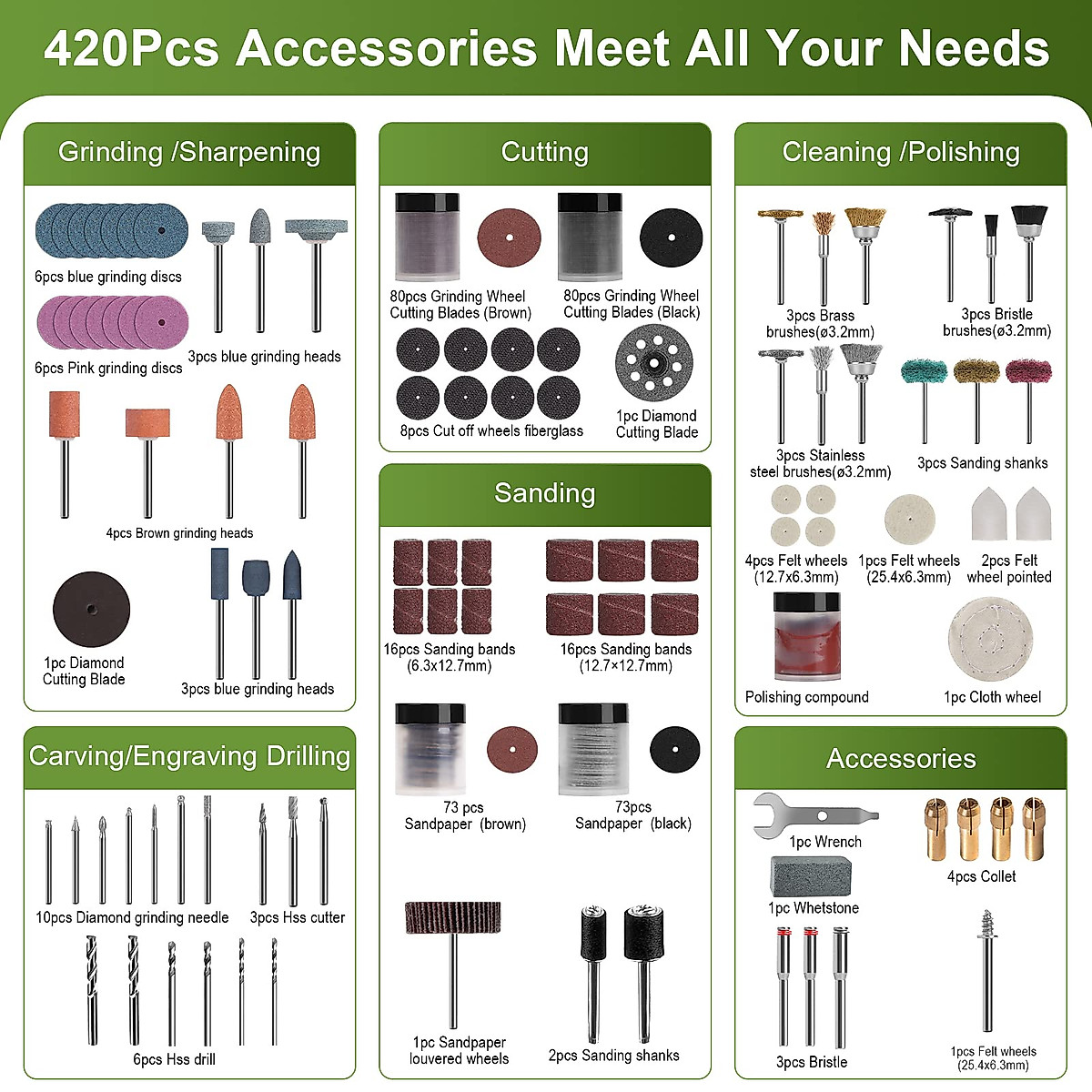 PHALANX Rotary Tool Accessory Kit, 420 Pcs Accessories Kit, 1/8"(3.2mm) Diameter Shanks, Universal Fitment All Rotary Tool for Easy Cutting, Sanding, Grinding, Sharpening, Engraving, Carving- PRA420…