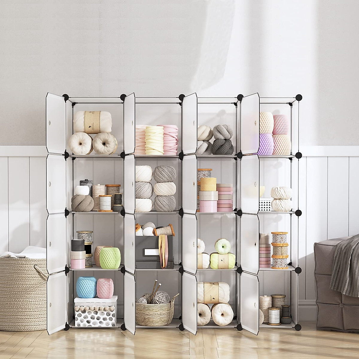 BASTUO Cube Storage Organizer with Doors, Stackable Plastic Cube Storage with Door for Livingroom, Bedroom and Office (16 Cubes,White)