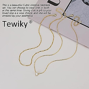 Tewiky Gold Necklace, Dainty Gold Layered Gold Plated Diamond Necklaces Simple CZ Solitaire Pendant Necklace Cute Gold Cubic Zirconia Chain Choker for Women Trendy Girls Gold Jewelry Gift