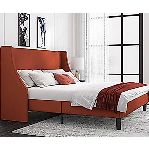 Allewie Queen Bed Frame, Platform Bed Frame Queen Size with Upholstered Headboard, Modern Deluxe Wingback, Wood Slat Support, Mattress Foundation, Burnt Orange