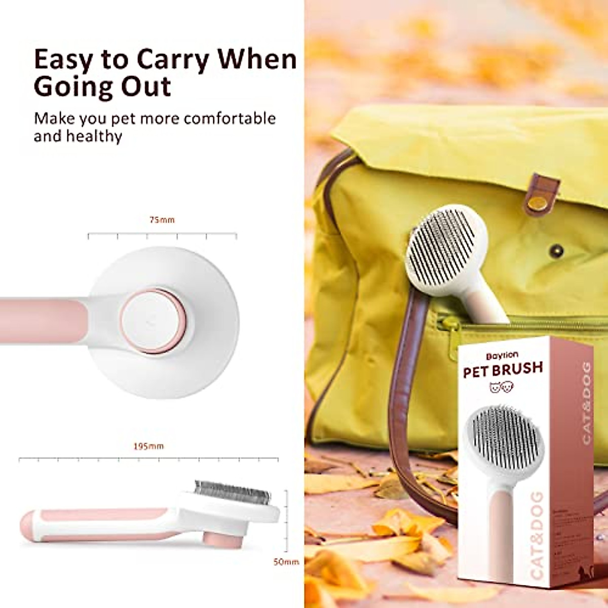 Cat Grooming Brush, Baytion Self Cleaning Cat Brushes for Dogs Cats for Long Haired & Short Hair Gently to Remove Loose Undercoat, Mats Tangled