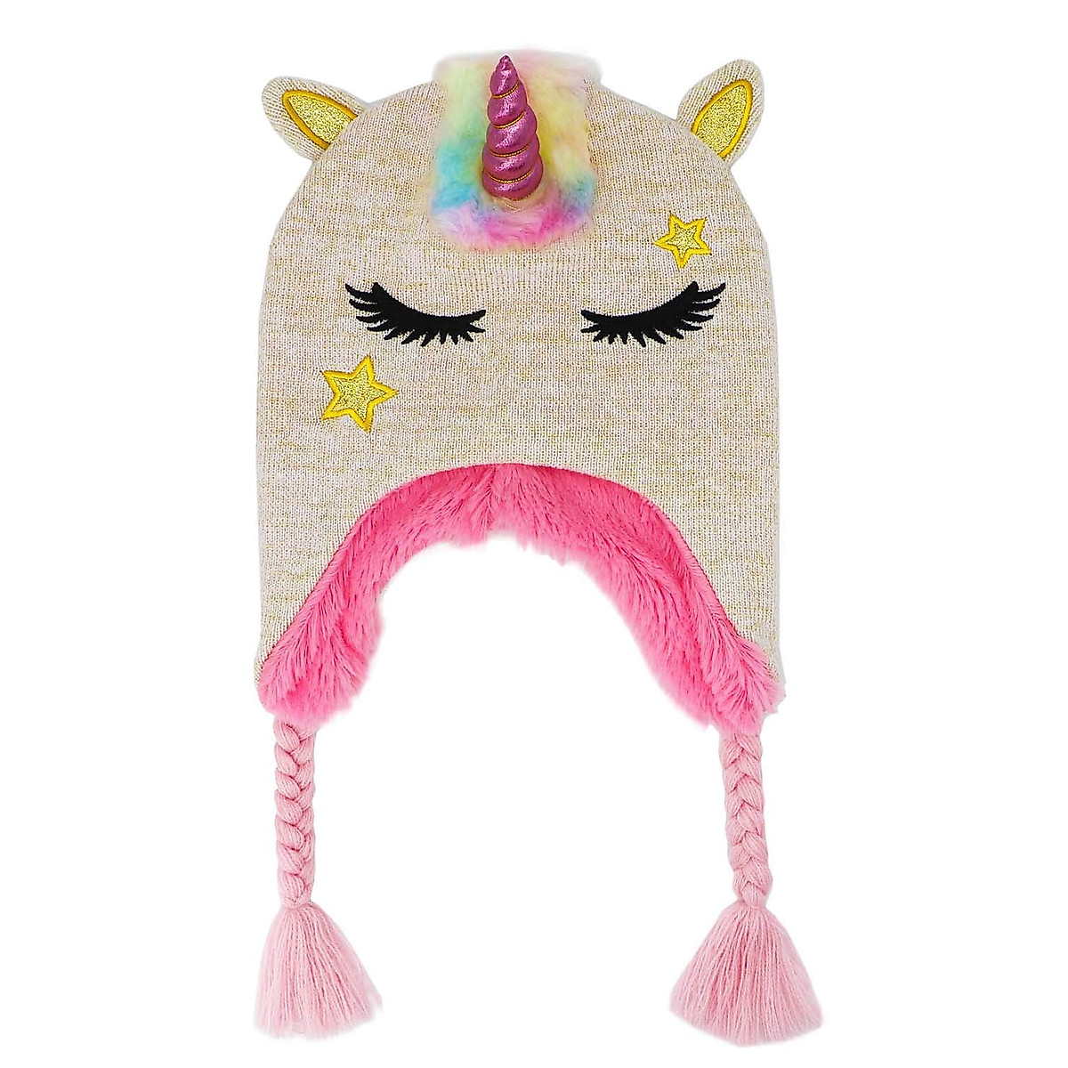 Kids Girls Cute Glitter Unicorn Beanie Winter Hat and Glove Set Knitted Earflap Cap Flip Top Mitten Set Beige