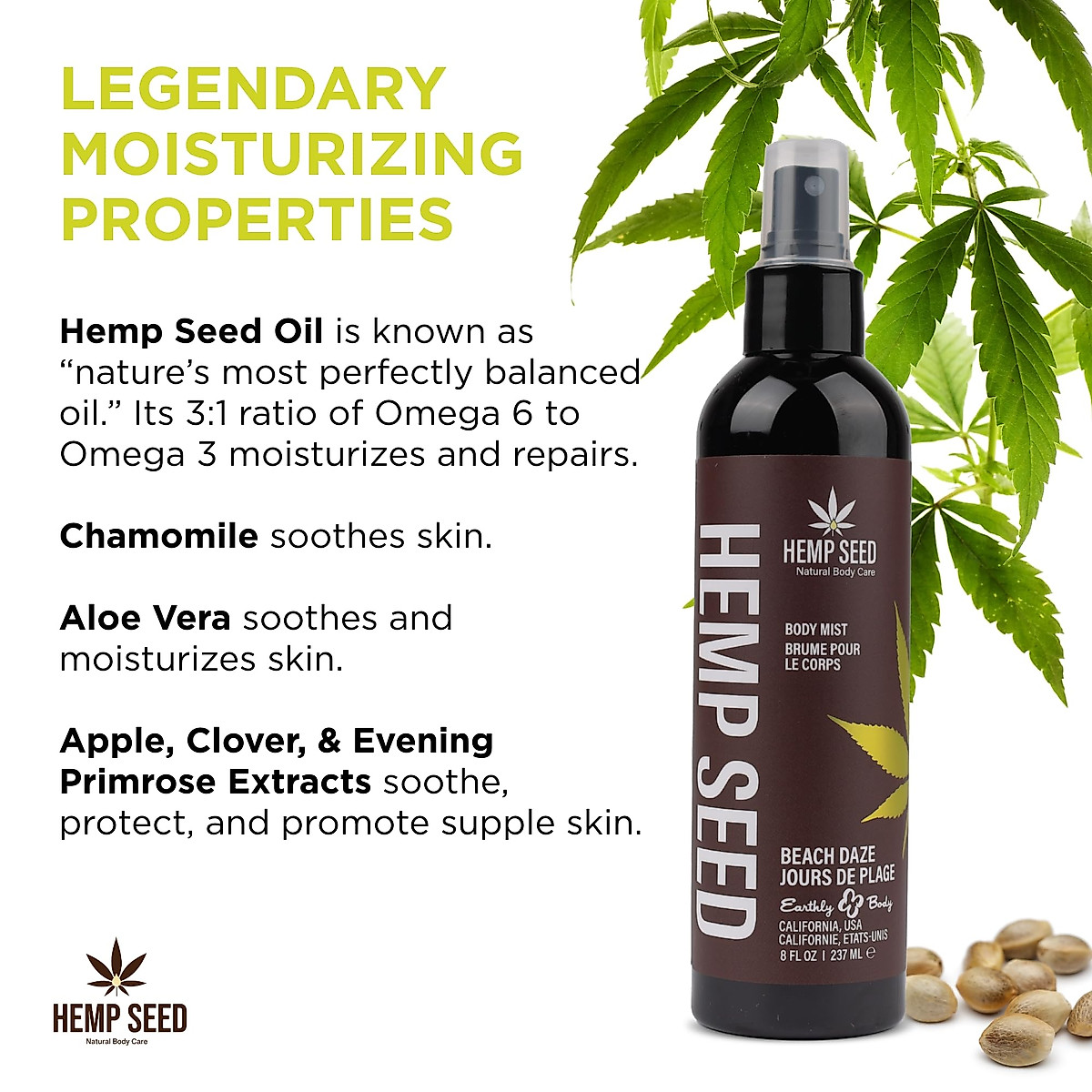 Hemp Seed Body Mist, Beach Daze - 8 fl oz - Moisturizes, Invigorates & Protects Skin - With Hemp Seed Oil, Chamomile & Aloe Vera - Vegan, Cruelty Free