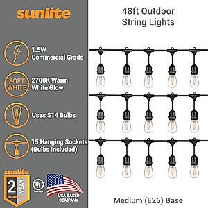 Sunlite 80572 48ft Outdoor String Lights, 1.5W Commercial Grade, Waterproof, Linkable Strands, UL Listed, 15 Hanging Sockets, Shatterproof LED Edison Bulbs Included, 2700K Warm White