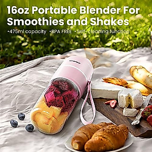 Pink Personal Blender - Portable Shakes & Smoothies Maker, 16 Oz, USB Rechargeable, Fresh Juicer