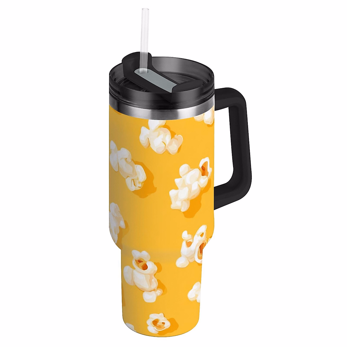 Selerdon 40 oz Tumbler Yellow Popcorn with Handle and Straw Lid Vacuum Stainless Steel Insulated Water Bottle Travel Mug Car Cup Holder Friendly BPA Free for Gym Travel Office