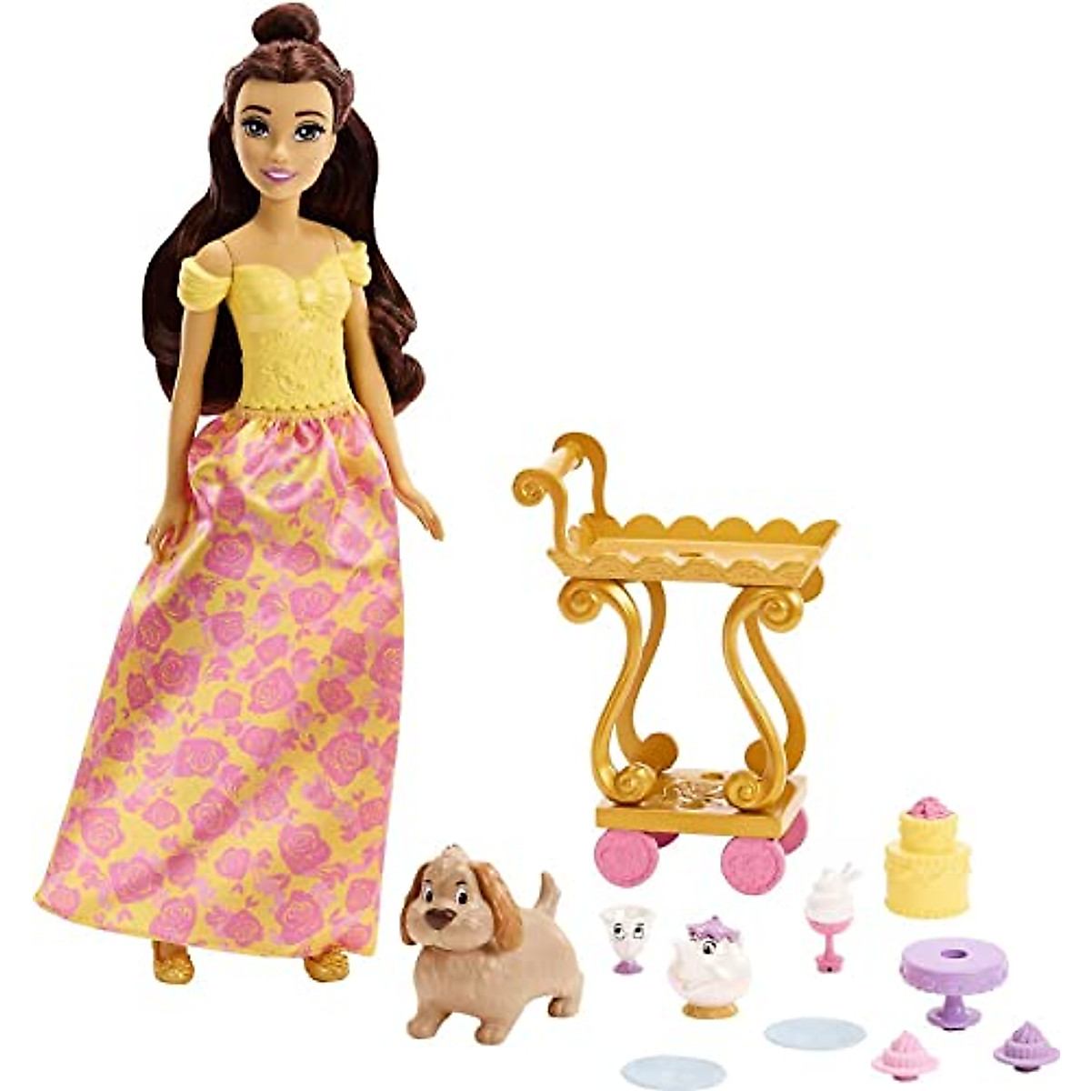 Mattel Disney Princess Belle Tea Time Fashion Doll & Playset with Tea Cart, 3 Character Friends and Food Accessories
