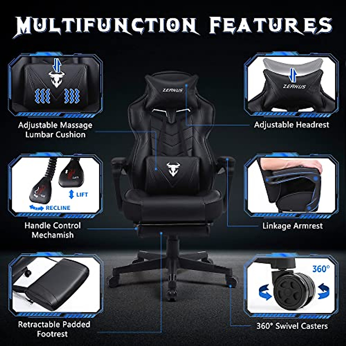 Zeanus Gaming Chairs with Footrest Recliner Computer Chair for Adults Massage Gaming Chair Big and Tall Gaming Chair Ergonomic Office Gamer Chair for Heavy People Recliner Racing Gaming Chair Black