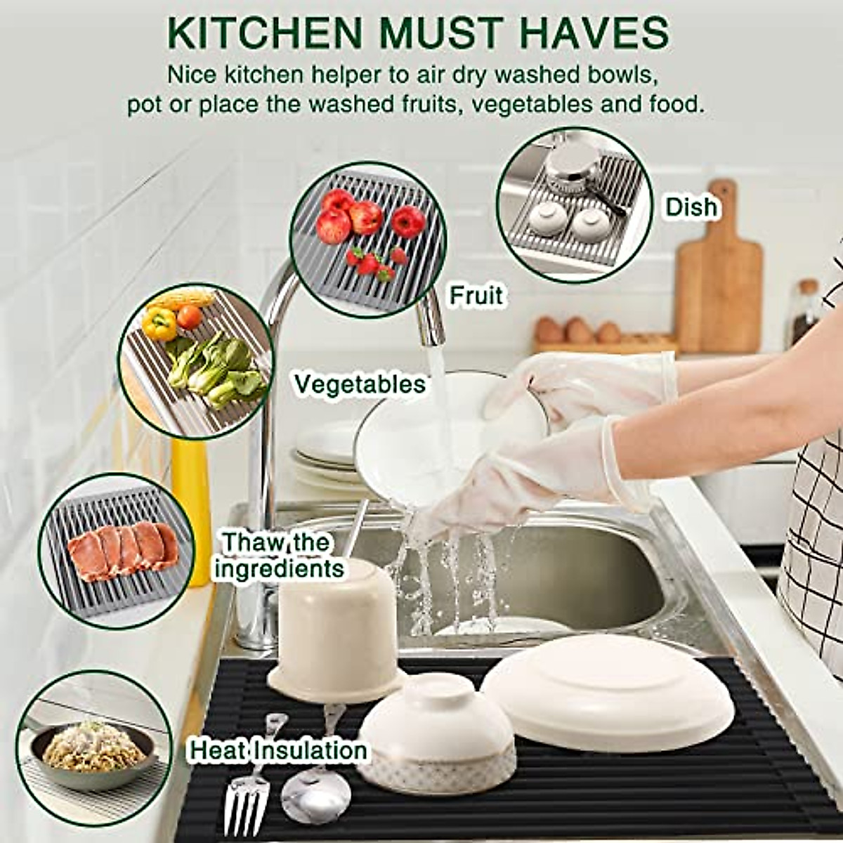HANZENMA Roll Up Dish Drying Rack Over The Sink Kitchen Roll Up Sink Drying Rack Multipurpose Foldable Sink Drying Mat, Heat-Resistant, Anti-Slip & Anti-Rust Dish Rack for Kitchen, 20.5" x 13", Black