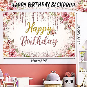 Floral Happy Birthday Decorations Women, 131PCS Rose Gold Flower Birthday Party Supplies Including Happy Birthday Backdrop, Balloon Arch/Garland Kit, Birthday Tabblecloth for Girls