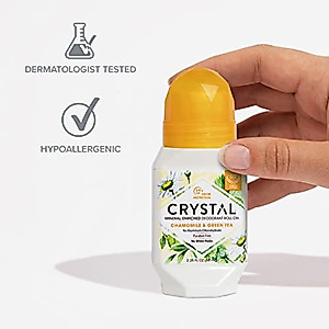 CRYSTAL Mineral Deodorant Roll-On- Body Deodorant With 24-Hour Odor Protection, Non-Staining & Non-Sticky Deodorant with Chamomile & Green Tea, Aluminium Chloride & Paraben Free, 2.25 FL OZ - 3 Pack