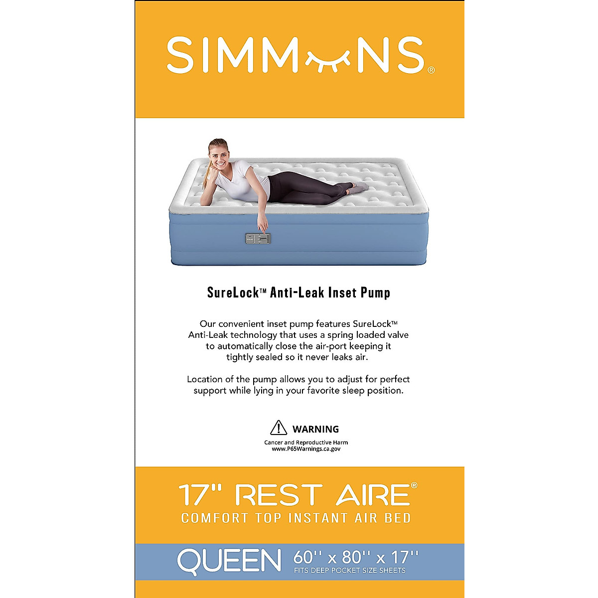 Simmons Rest Aire Mattress Air Bed with Side Built-in Pump and Soft Velveteen Topper, 17" Queen