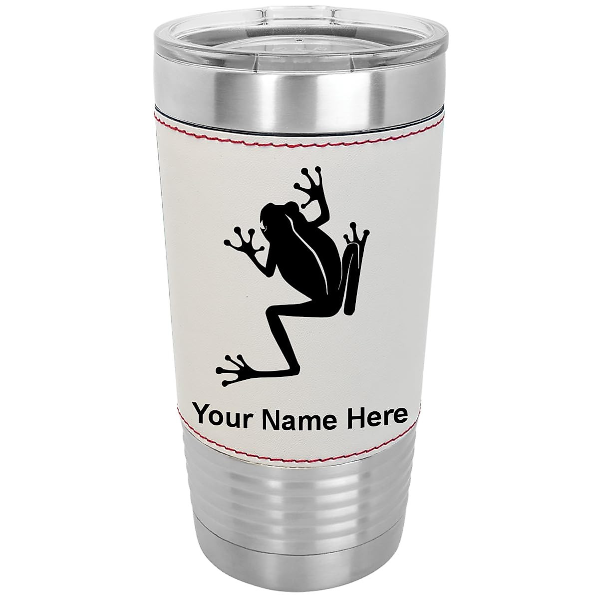 LaserGram 20oz Vacuum Insulated Tumbler Mug, Tree Frog, Personalized Engraving Included (Faux Leather, Baseball Style)