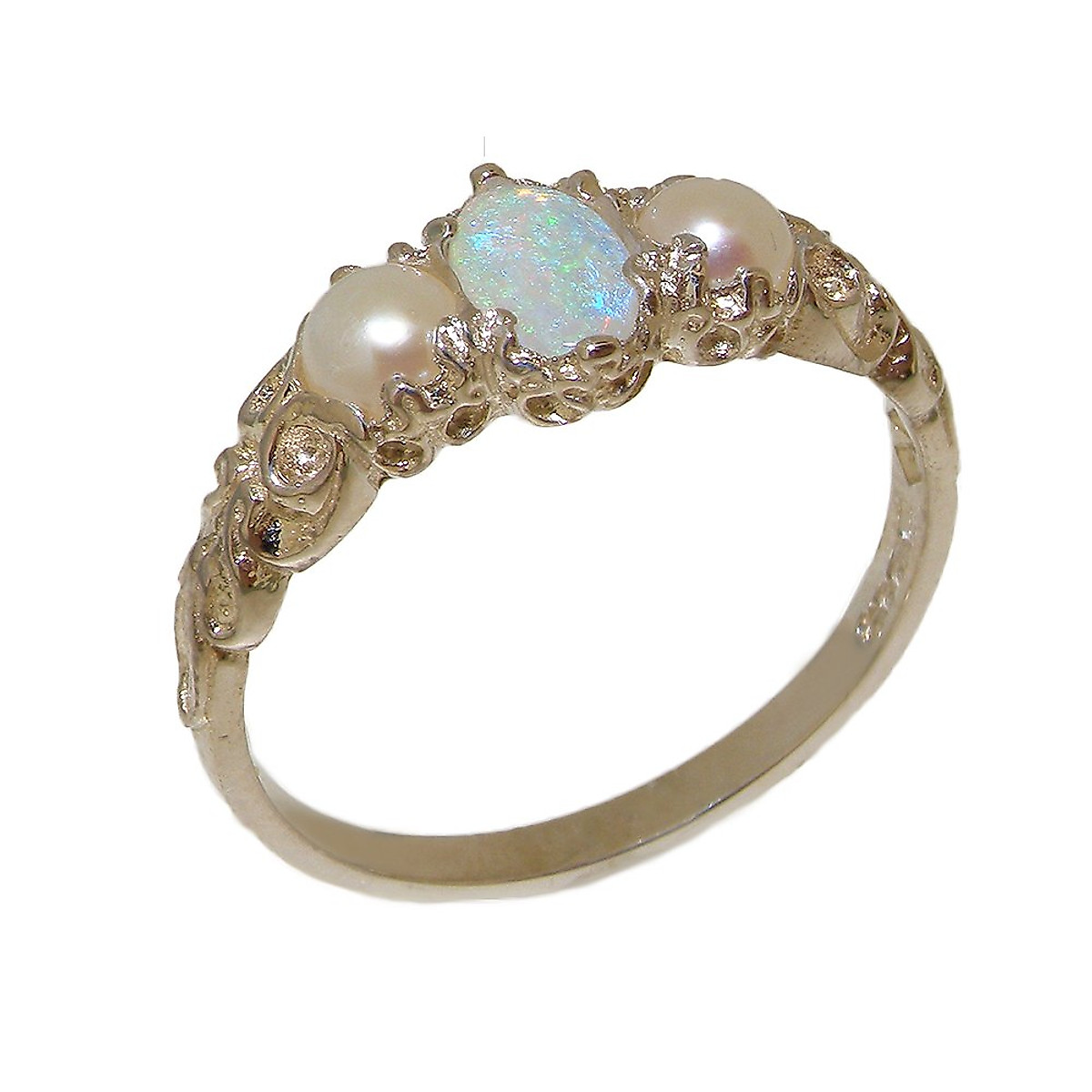 LetsBuyGold 10k White Gold Natural Opal & Cultured Pearl Womens Promise Ring - Size 6.5