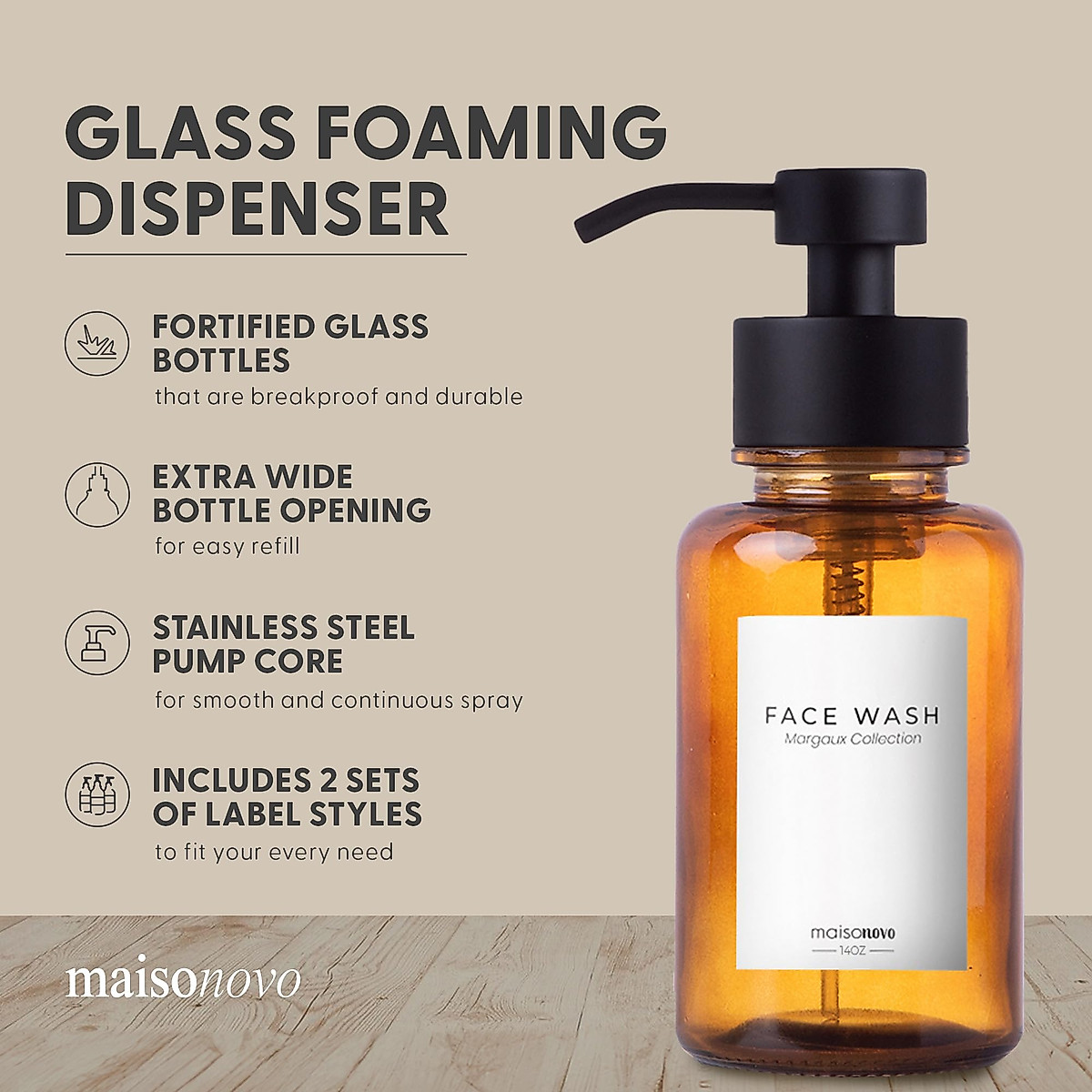 MAISONOVO Foaming Soap Dispenser - Hand Soap Refills for Foaming Dispenser - Amber Bottle 14 oz - 12 Mix Tablets