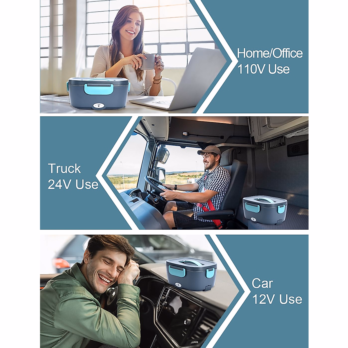 CHARMDOO Electric Lunch Box, 80W Portable Lunch Warmer Food Heater for Adults Car/Truck/Office 12/24/110V, Fast Heating Lunchbox with Leak Proof Lid SS Container, Grayish Blue