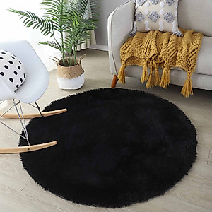 Vafodo Fluffy Bedroom Rug Carpet,4x4 Feet Shaggy Fuzzy Rugs for Bedroom,Soft Rug for Kids Room,Plush Nursery Rug for Baby,Solid Black Area Rugs for Living Room,Cute Room Decor for Girls Boys