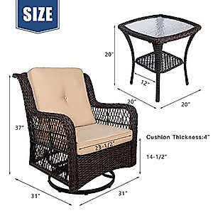 W WARMHOL 3-Piece Patio Rocking Chairs Wicker Bistro Set Cushioned, Outdoor Glider Swivel Chair Rattan Furniture Sets with Thickened Cushion and Glass-Top Coffee Table (Beige Cushion)