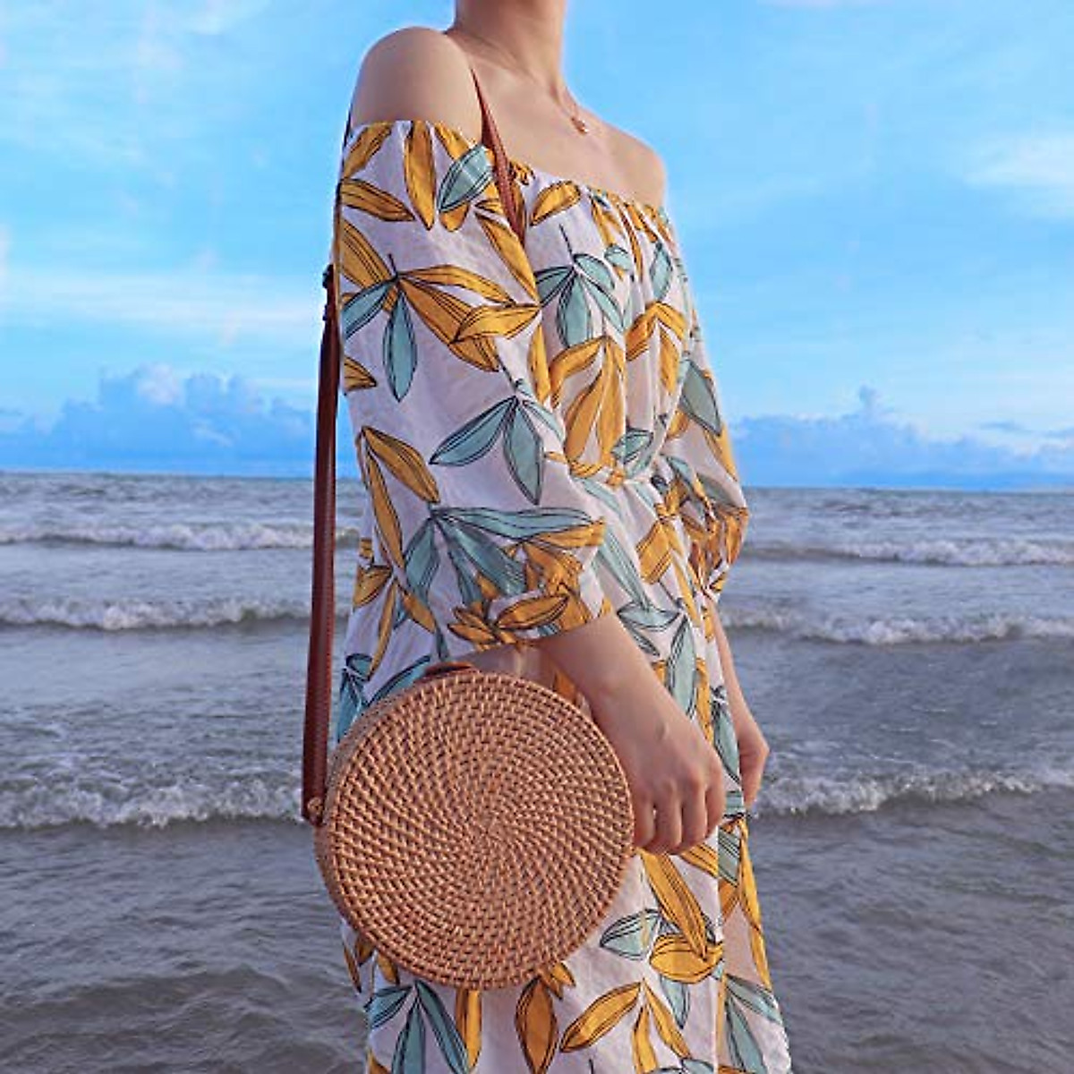 Handwoven Round Rattan Bag for Women Bali Ata Straw Bags Adjustable Shoulder Leather Straps