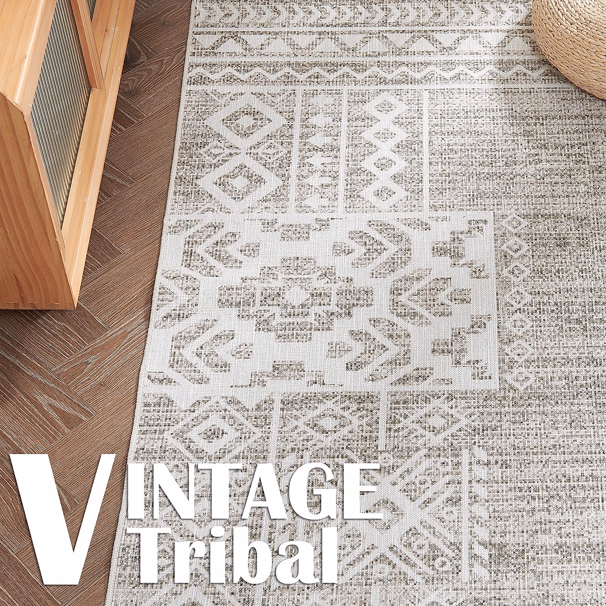 jinchan Area Rug - 4x6 Ultra-Thin Washable Rug, Vintage Living Room Rug, Boho Rug Geometric, Non-Slip Non-Shedding Carpet for Kitchen Bedroom(4x6ft, Brown Ivory)