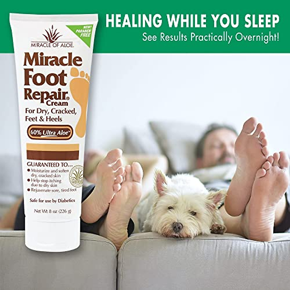 Miracle Foot Repair Cream (8 oz) Repairs Dry Cracked Heels and Feet, 60% Pure UltraAloe Moisturizes, Softens, and Repairs