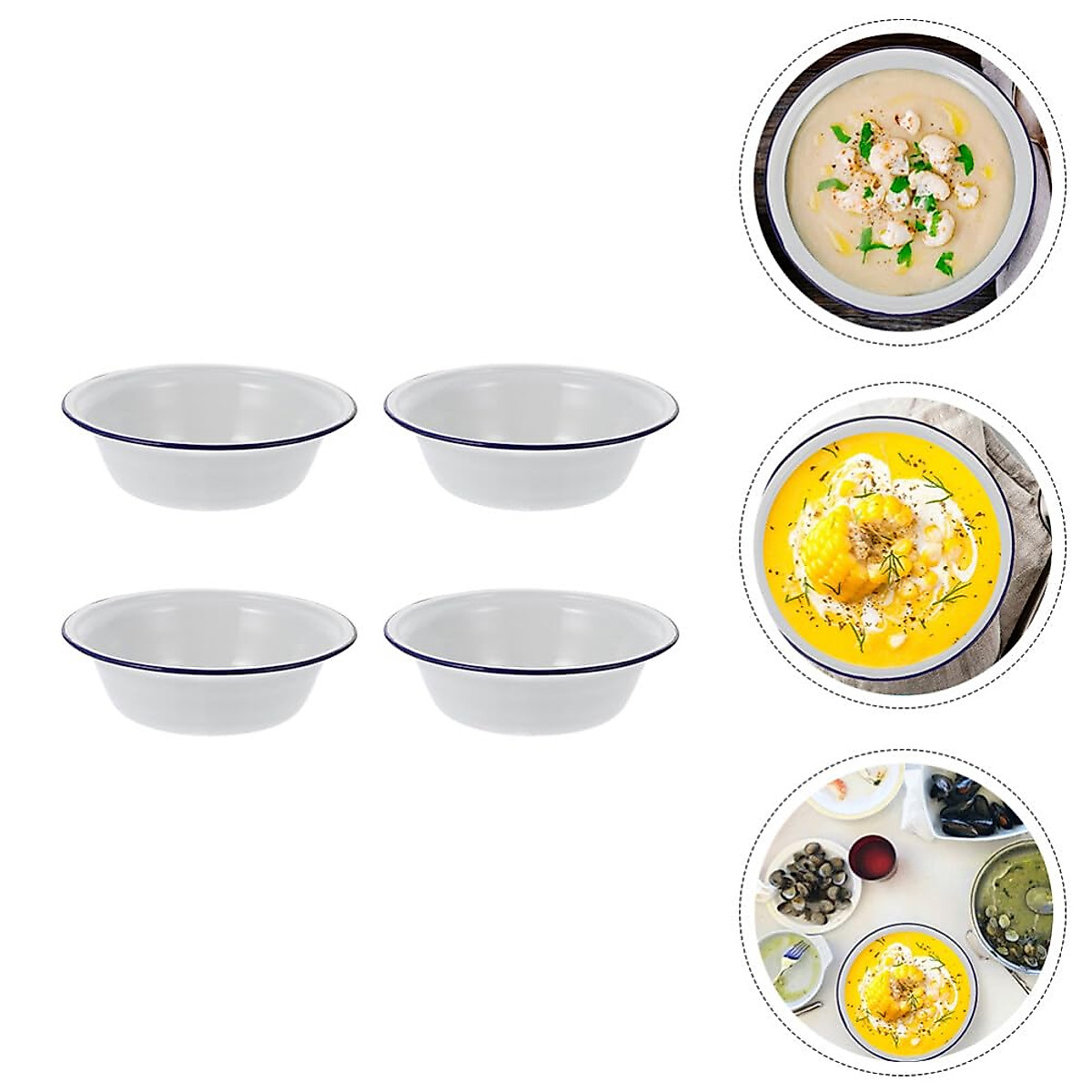 Hemoton 4pcs Vintage Style White Enamel Mixing Bowl with Black Trim Enamelware Metal Large Classic Round Salad Serving Bowl Soup Basins 20cm