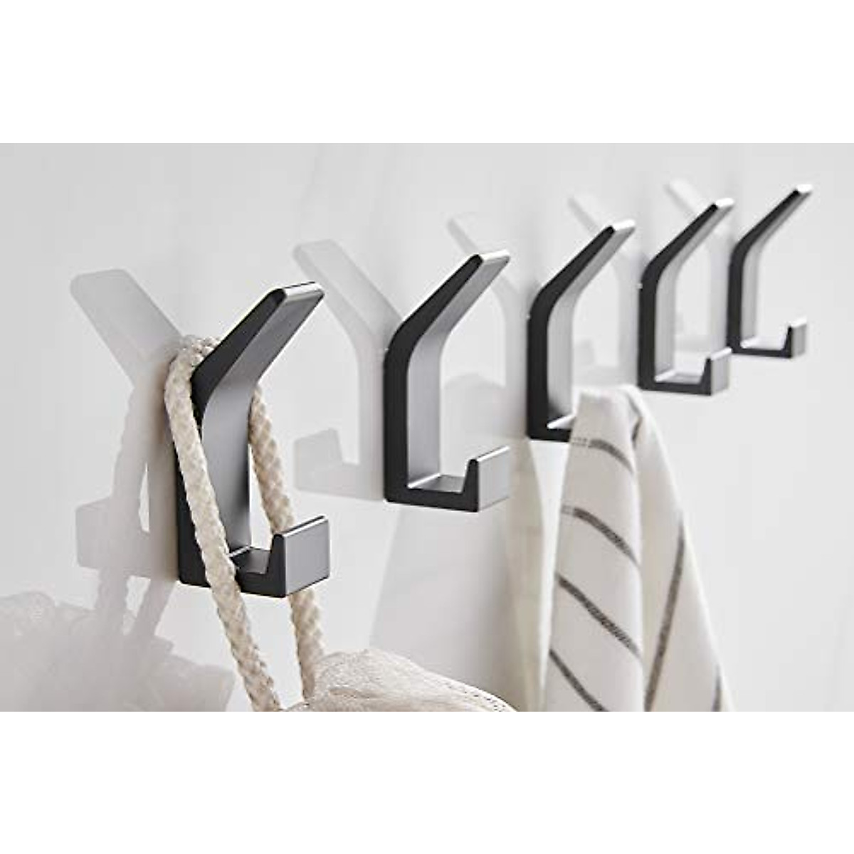 ALORE Bathroom Towel Hooks, Space Aluminum Coat Hook Robe Coat and Bath Brush Hook for Bath Kitchen Garage Hotel, Modern Heavy Duty Wall Mounted, Pack of 5(Black)