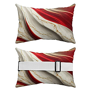 Recliner Head Pillow Ledge Loungers Chair Pillows with Insert Marble Red Golden Abstract Art Texture Lumbar Pillow with Adjustable Strap Outdoor Waterproof Patio Pillows for Beach Pool Chair, 2 PCS