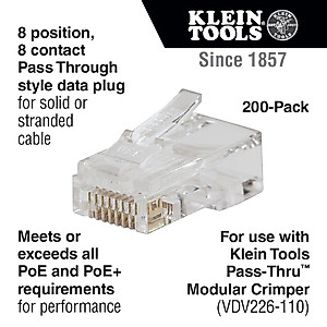 Klein Tools VDV826-763 Pass-Thru Modular Data Plug, RJ45 CAT6, Gold Plated, Pass Through Connectors 200-Pack