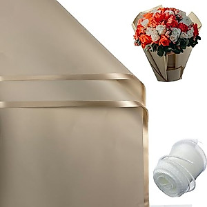 MIMISERVICE 20 PCS Khaki Flower Wrapping Paper, Waterproof Translucent Flower Bouquet Wrapping Paper, Gold Edge Florist Bouquet Supplies with Ribbon for DIY Gifts Wedding Birthday
