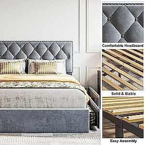 LIKIMIO Queen Bed Frame with Storage Drawers, Upholstered Platform Bed with Headboard - Sturdy Structure for a Comfortable & Noiseless Sleeping Space
