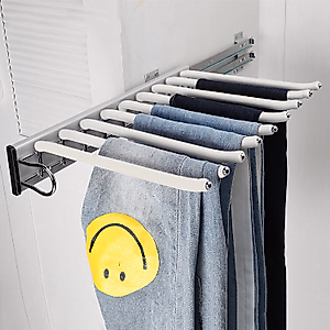 mopam Pull Out Trousers Rack 9 Arms Retractable Closet Pants Hanger Side Mounted Space Saving Trouser Hanger Rack, Left Side Installation, Beige