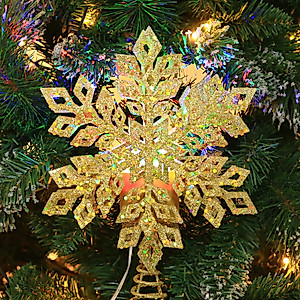 Christmas Tree Topper,Lighted Glitter Snowflake Tree Topper with Neon Lights for Christmas Tree and Holiday Seasonal Decoration(Gold)