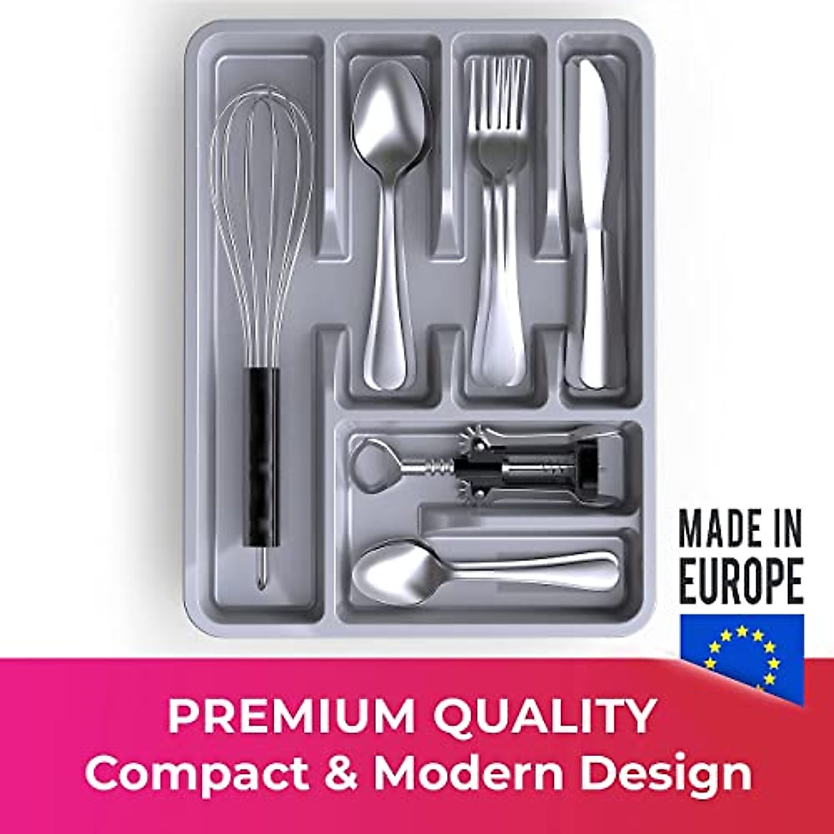 Mueller Flatware Kitchen Drawer Organizer, 10" x 13" Silverware Organizer, 6 Compartments, Heavy-Duty, Cutlery Tray for Utensils or Stuff, Dining Room, Living Room, Compact, Light Grey