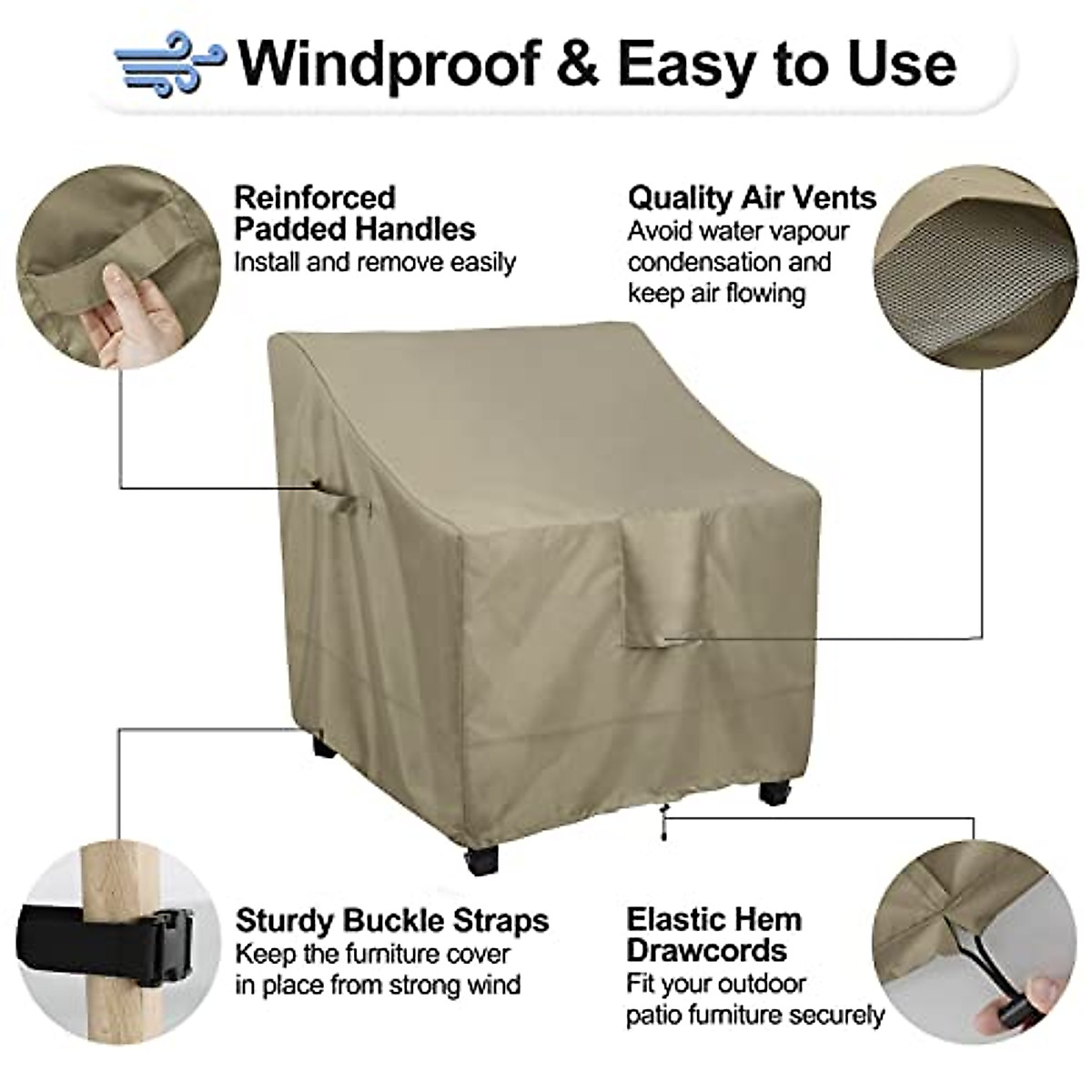 OutdoorLines Outdoor Waterproof Furniture Chair Cover - UV-Resistant Patio Lawn Chair Covers for Outdoor Furniture Windproof Heavy Duty Chair Covering, 2 Packs, 33.5Wx31.5Dx36H Inches, Camel