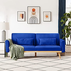 Lamerge Velvet Sleeper Couch with Pillows & Wooden Frame, Upholstered Modern Folding Futon Sofa Bed, Lounge Memory Foam Convertible Loveseat for Studio, APT, Dorm, Home Office (Blue)