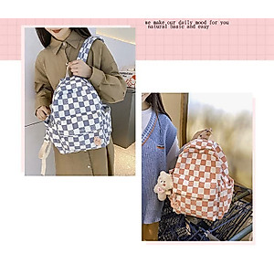 Kawaii Plaid Mini Backpack with Plush Bear Pendant for Girl Small Medium School Bag (Light Blue)