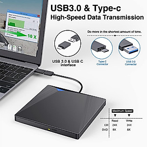 VersionTECH. External CD DVD Drive USB 3.0 Type-C, Portable USB C Superdrive Burner Player Writer CD DVD +/- RW, Compatible for Windows 10 8 7 XP Vista Mac OS Linux for Mac Pro Air iMac Laptop