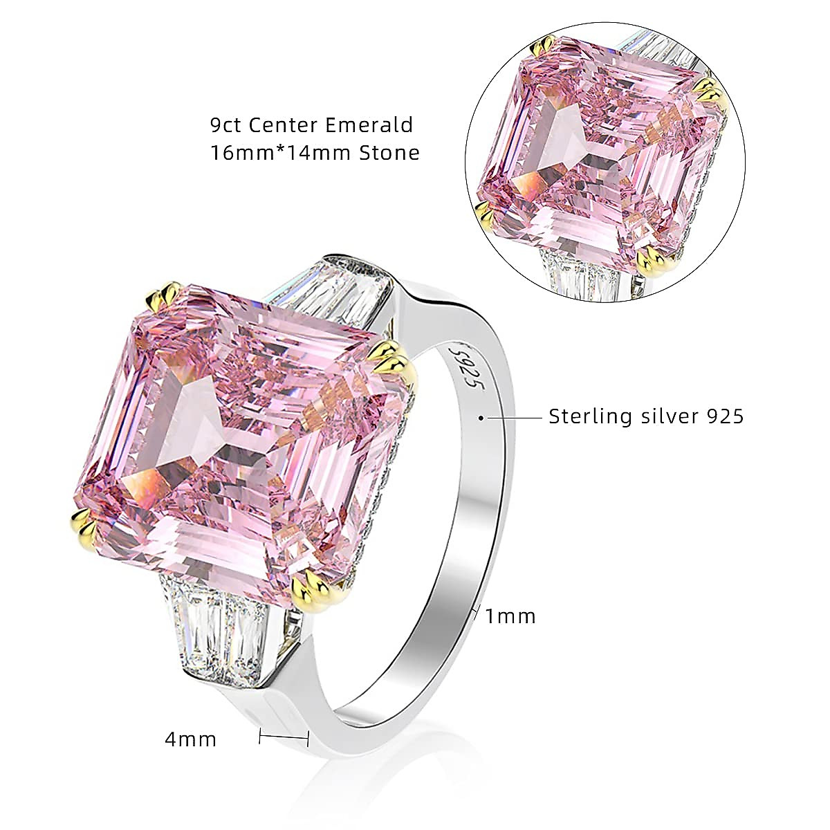 AINUOSHI Engagement Rings for Women Emerald Cut Solitaire 3 Stones 9 Carat Cubic Zirconia CZ Sterling Silver Wedding Band Anniversary Birthday Gift