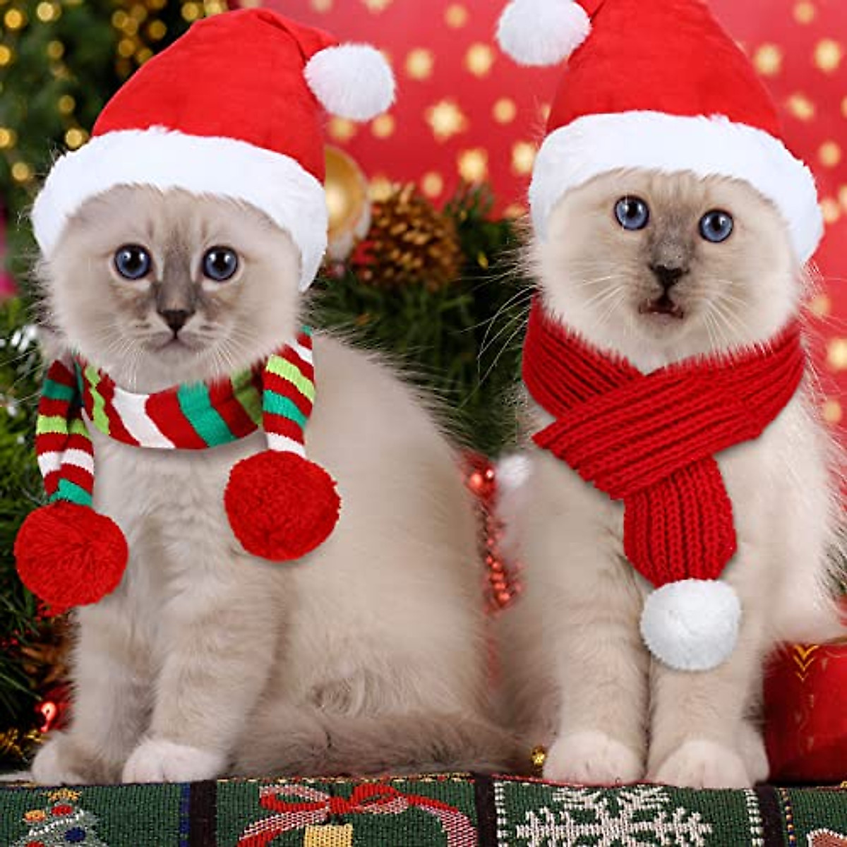 6 Pieces Christmas Dog Santa Hat and Scarf Include 3 Adjustable Christmas Cat Hat and 3 Pet Knit Red Scarf with White Pompom Ball Striped Scarf Winter Pet Accessory for Small Medium Large Dog