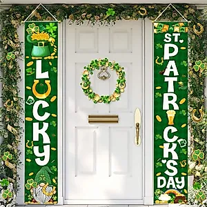 Happy St Patricks Day Banner, St Patricks Day Door Banner, Green Gold St Patricks Day Porch Sign for St Patrick's Day Party Decorations, Lucky St. Patrick's Day Banner for Indoor Outdoor tineit