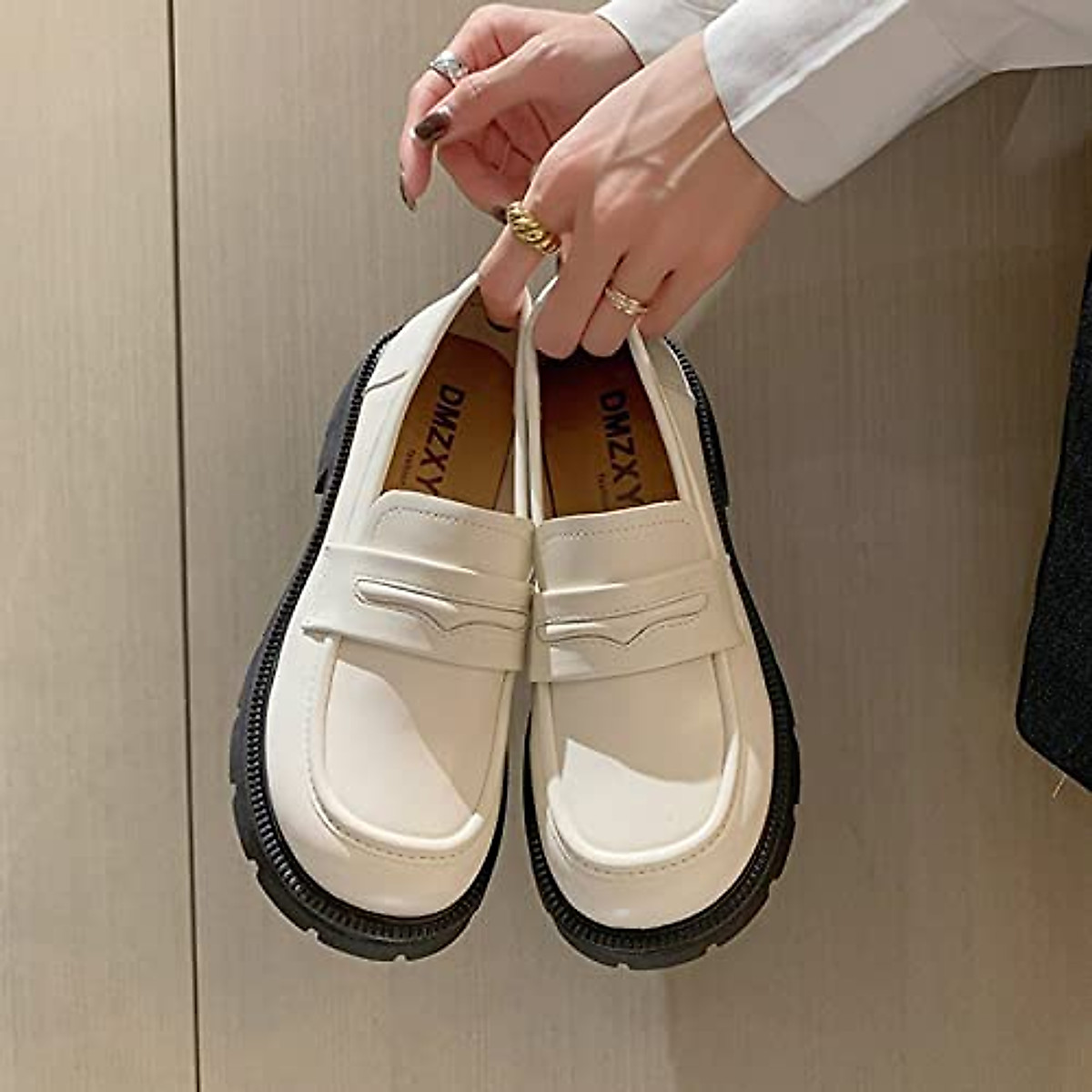Women Casual Shoes Fashion Spring New Casual Retro Style Comfortable Square Heel Thick Heel Slip On Shoes Dressy Flip White