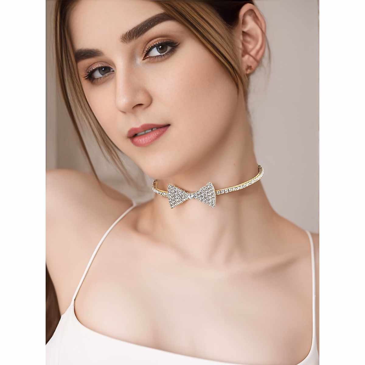 Janefashions Bow Tie Clear White Austrian Rhinestone Crystal Necklace Choker Party Gold Tone Silver Tone B1626 (Silver Tone)