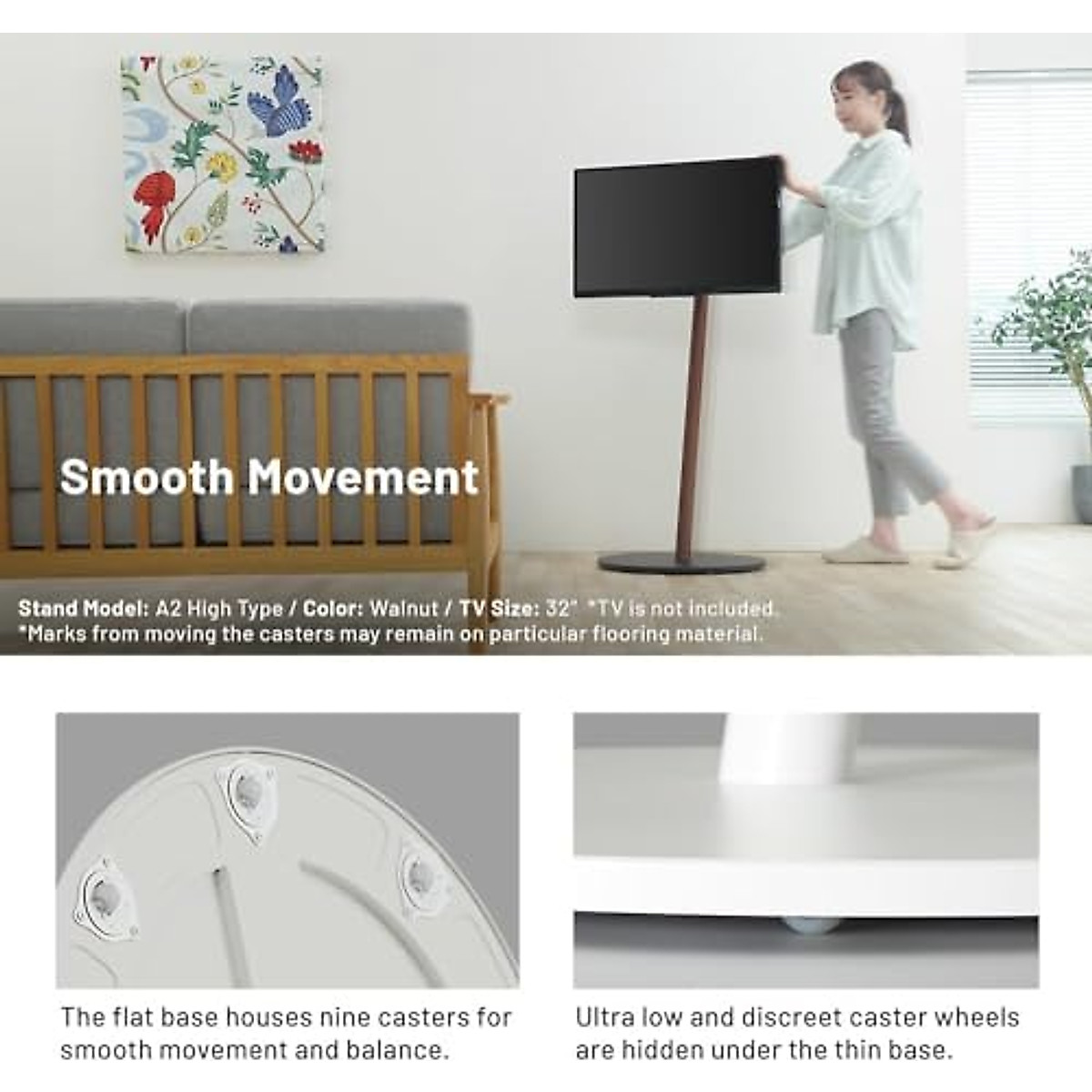 WALL A2 High Type | Japanese Rolling Portable Free-Standing 24-55 Inch Universal TV Stand with Concealed Caster Wheels | Satin White