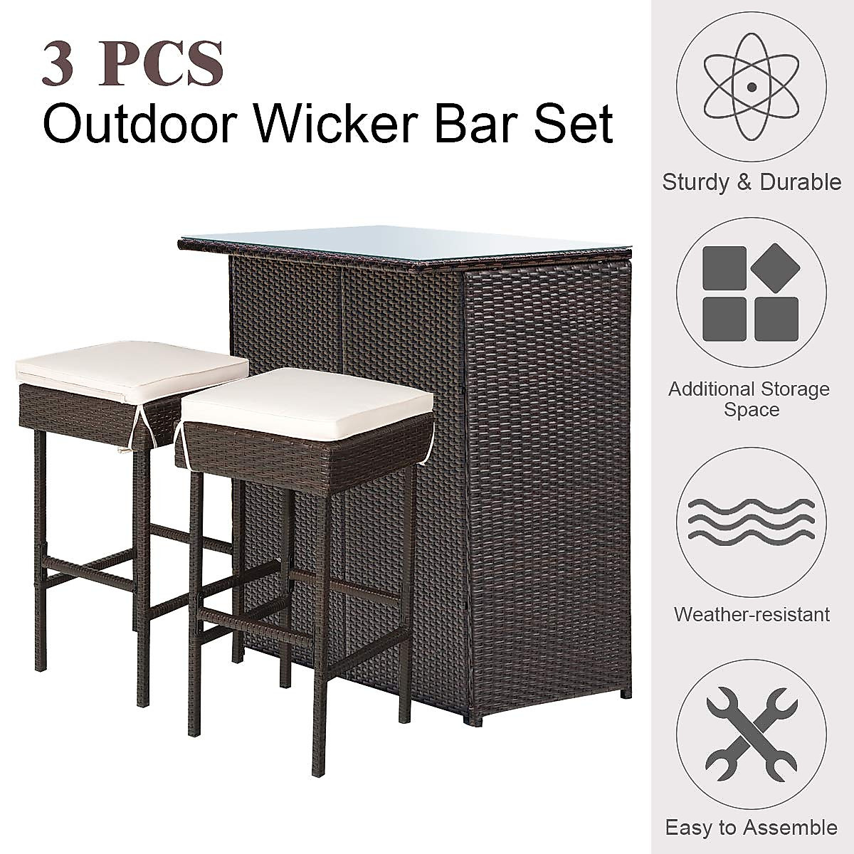 Tangkula Patio Bar Set, 3 Piece Outdoor Rattan Wicker Bar Set with 2 Cushions Stools & Glass Top Table, Outdoor Furniture Set for Patios Backyards Porches Gardens Poolside (Beige)