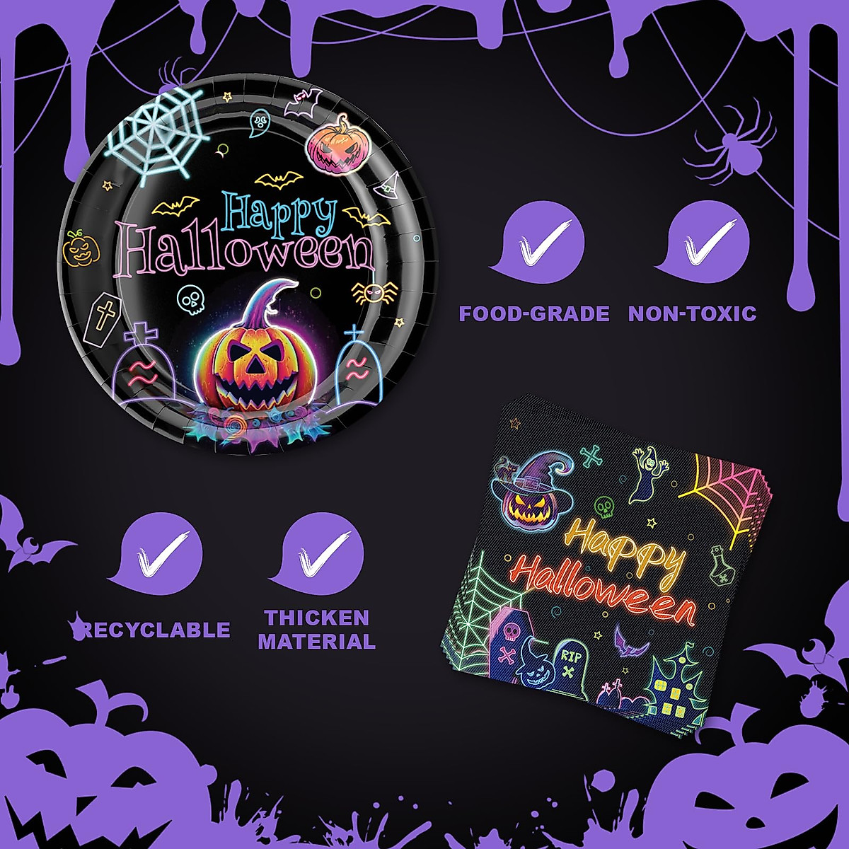 150 Pcs Neon Halloween Party Supplies for 16 Guest, Glow in The Dark Halloween Paper Plates and Napkins Disposable Tableware Set Include Knife Fork Spoon for Happy Halloween Birthday Party Supplies