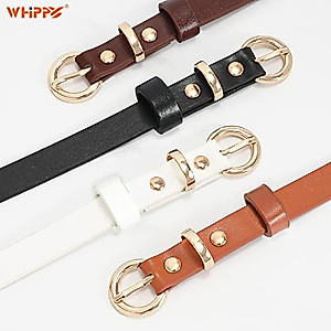 WHIPPY Set of 4 Women Skinny Belts Thin Leather Waist Belt with Alloy Pin Buckle for Pants Jeans Dresses, Black/Brown/Coffee/White,Fits Waist 27"-31"