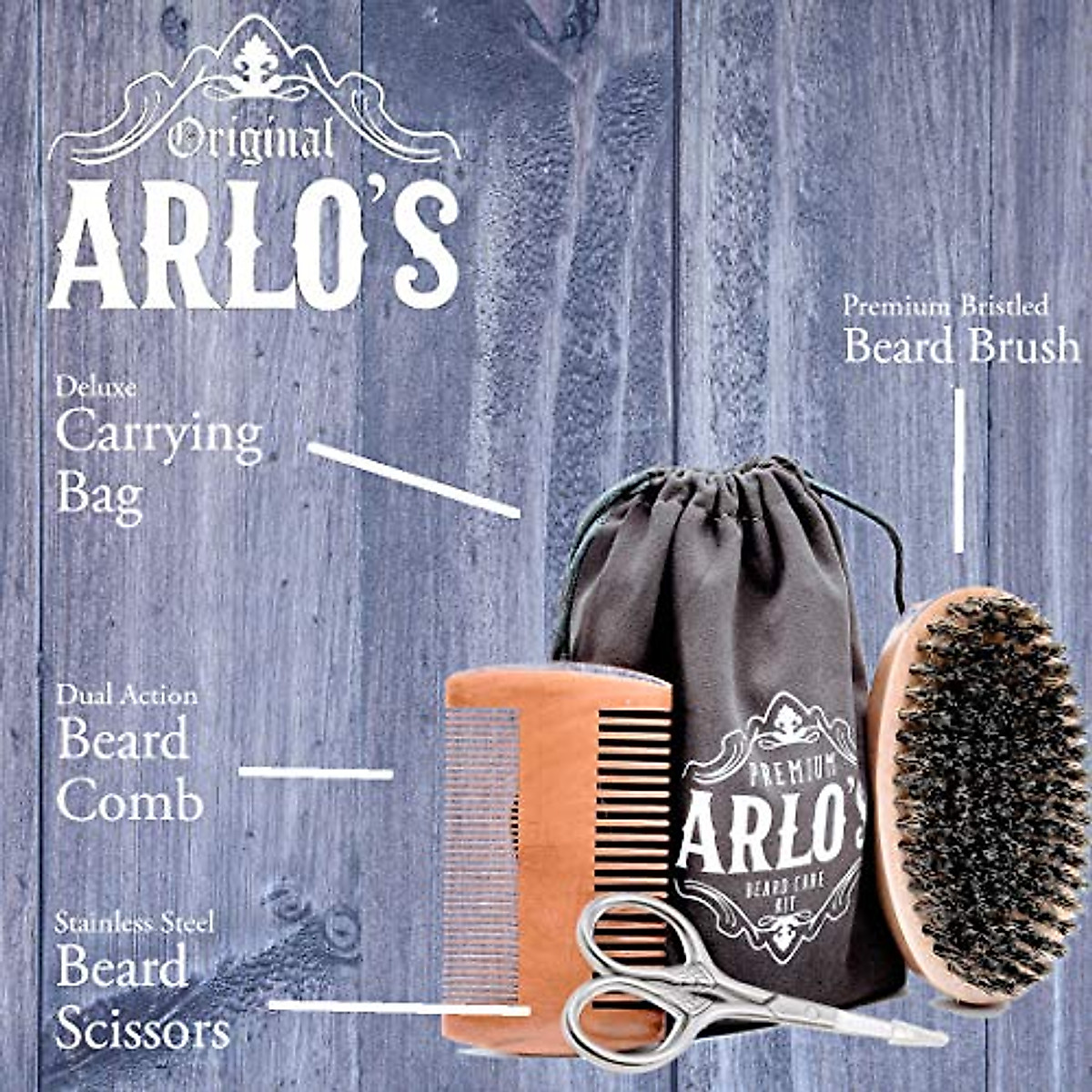 Arlo's 5-PC Mens Premium Beard Grooming Kit w/ Argan Beard Oil 2.5oz -Beard Oil, Beard Brush, Beard Comb, Beard Scissors & Carry Bag