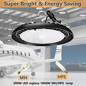 2Pack 200W LED High Bay Light Fixture for Warehouse, 120V 5000K Daylight, 26000LM (800W-1000W HPS/MH Eqv.), UFO LED Highbay Lights with US Plug 6FT Cable, UL IP65 Commercial Bay Lighting,Non-Dim